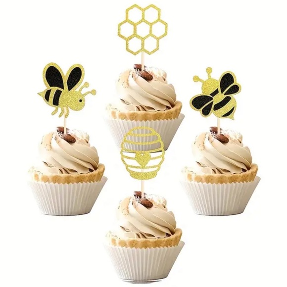 Party Supplies | 12pc Bumble Bee Cupcake Toppers Glitter Bee Honeycomb ...